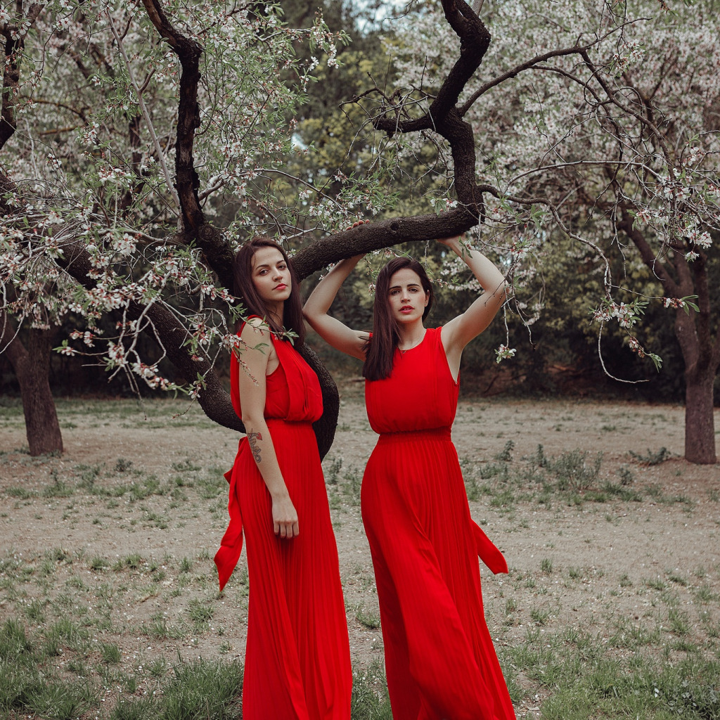 Download wallpaper trees, girls, garden, dress, model, section girls in ...