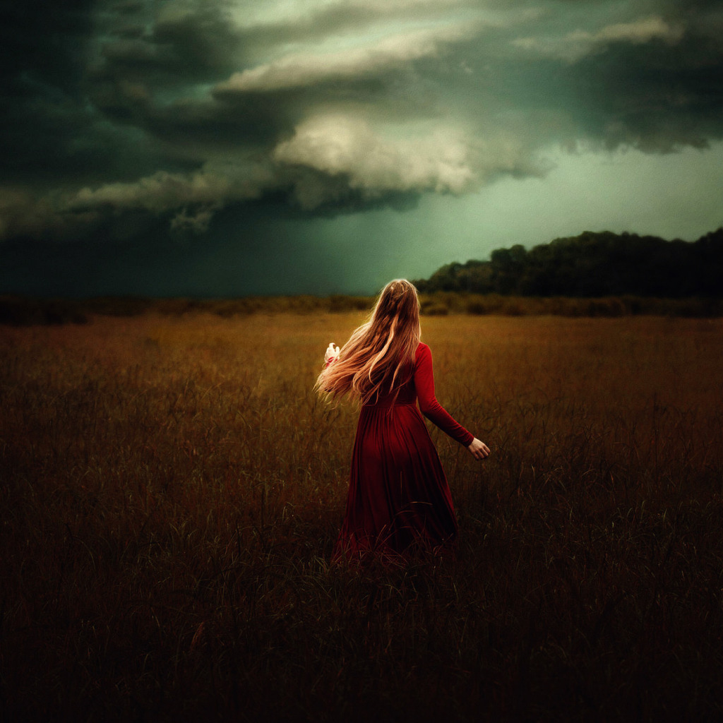 Download wallpaper field, girl, clouds, in red, TJ Drysdale, The Lady ...
