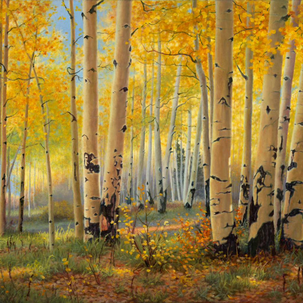 Download wallpaper autumn, forest, painting, art, birch, grove, Golden ...
