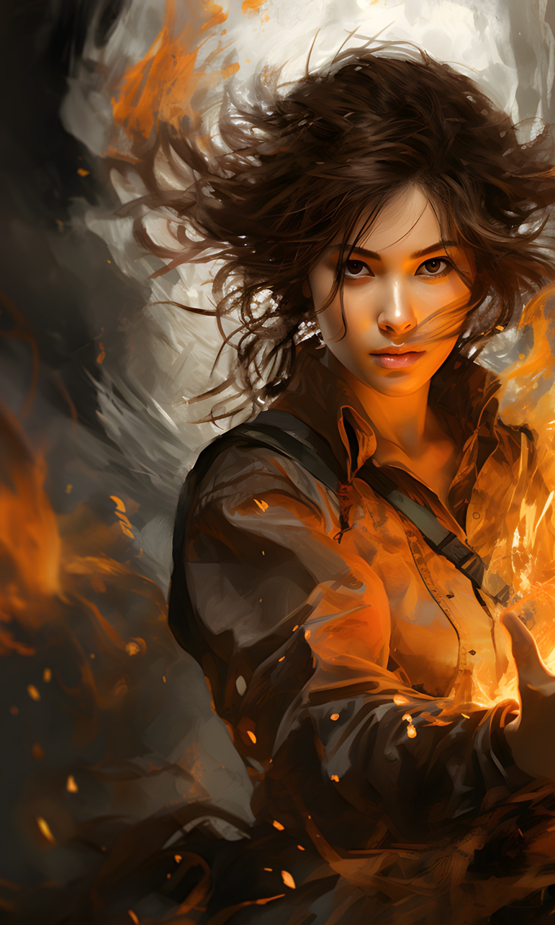 Download wallpaper flame, girl, beautiful, brunette, ai art, section ai art in resolution 1080x1800