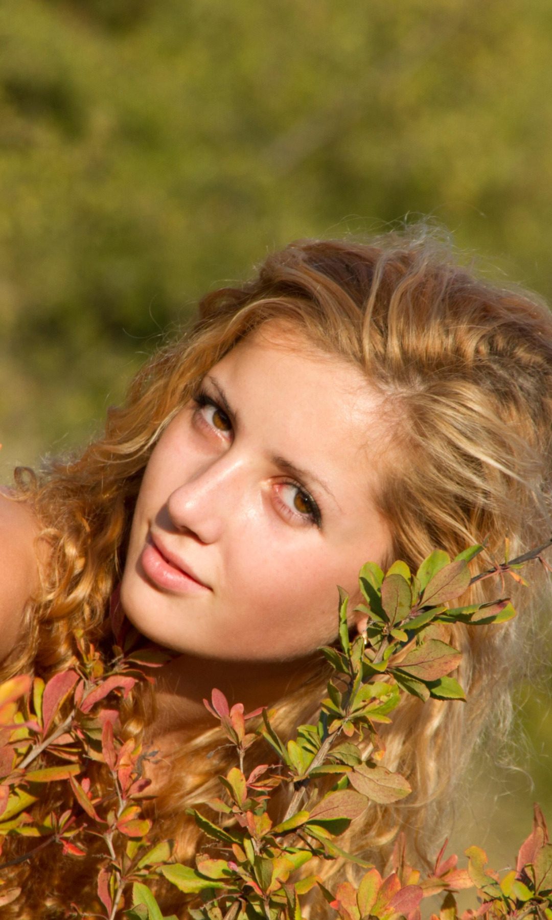 Download Wallpaper Girl Grass Long Hair Trees Nature Smile