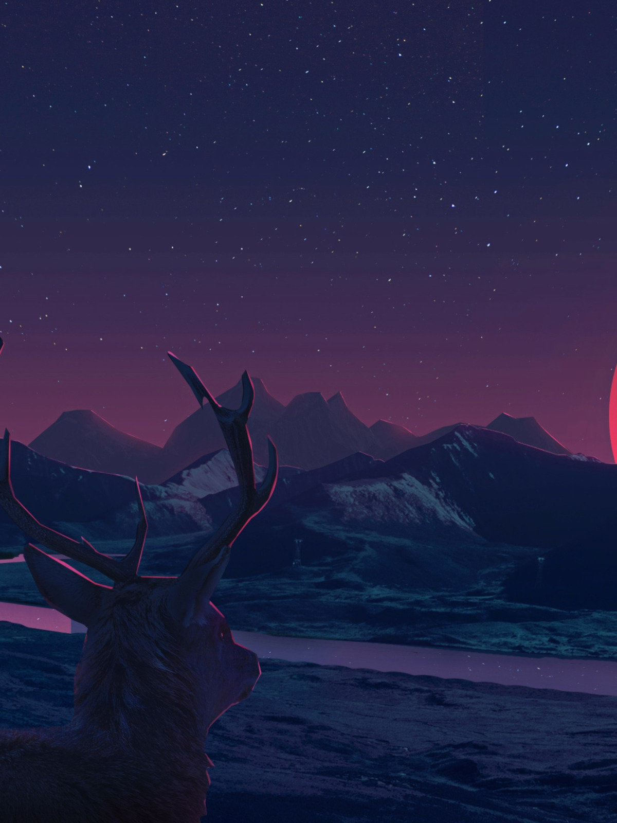 Download wallpaper sunset, deer, horns, section art in resolution 1200x1600