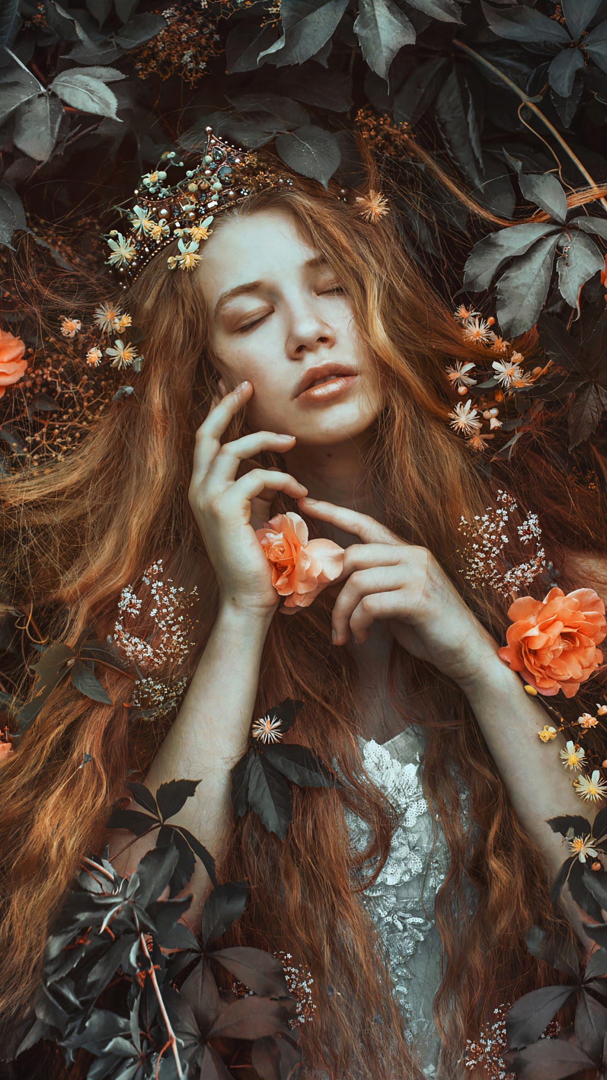 Download Wallpaper Leaves Girl Flowers Face Pose Style Thickets