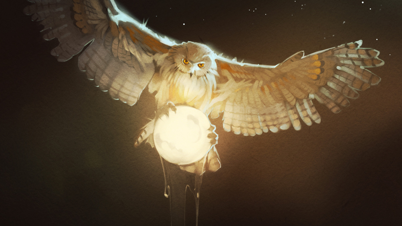 Download wallpaper owl, bird, moon, Owl, section painting in resolution 1366x768