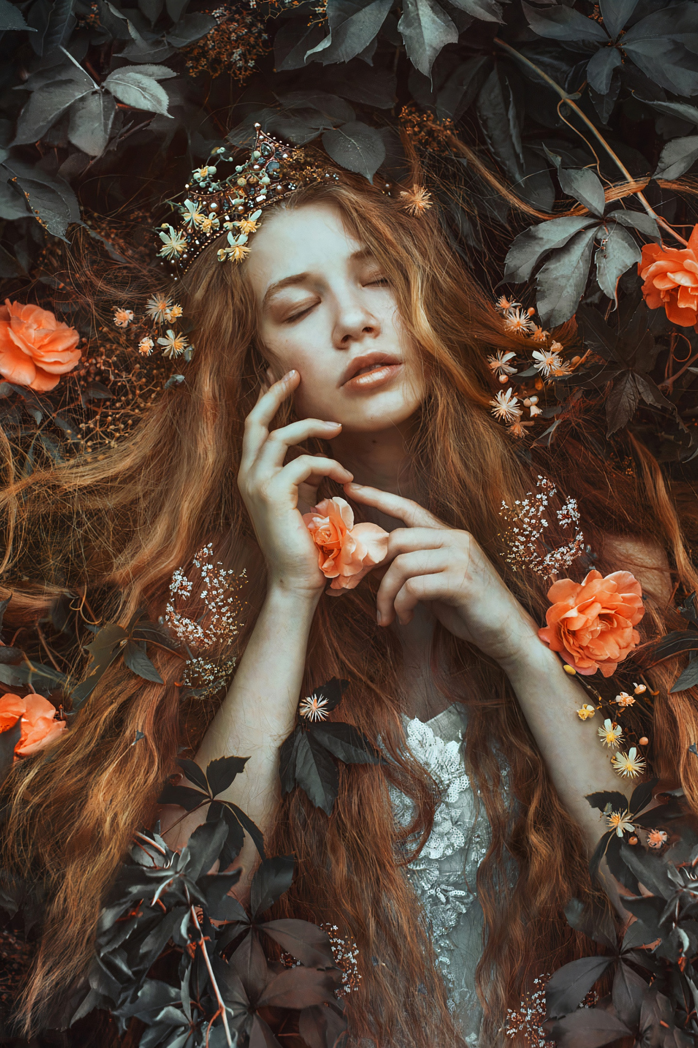 Download Wallpaper Leaves Girl Flowers Face Pose Style Thickets