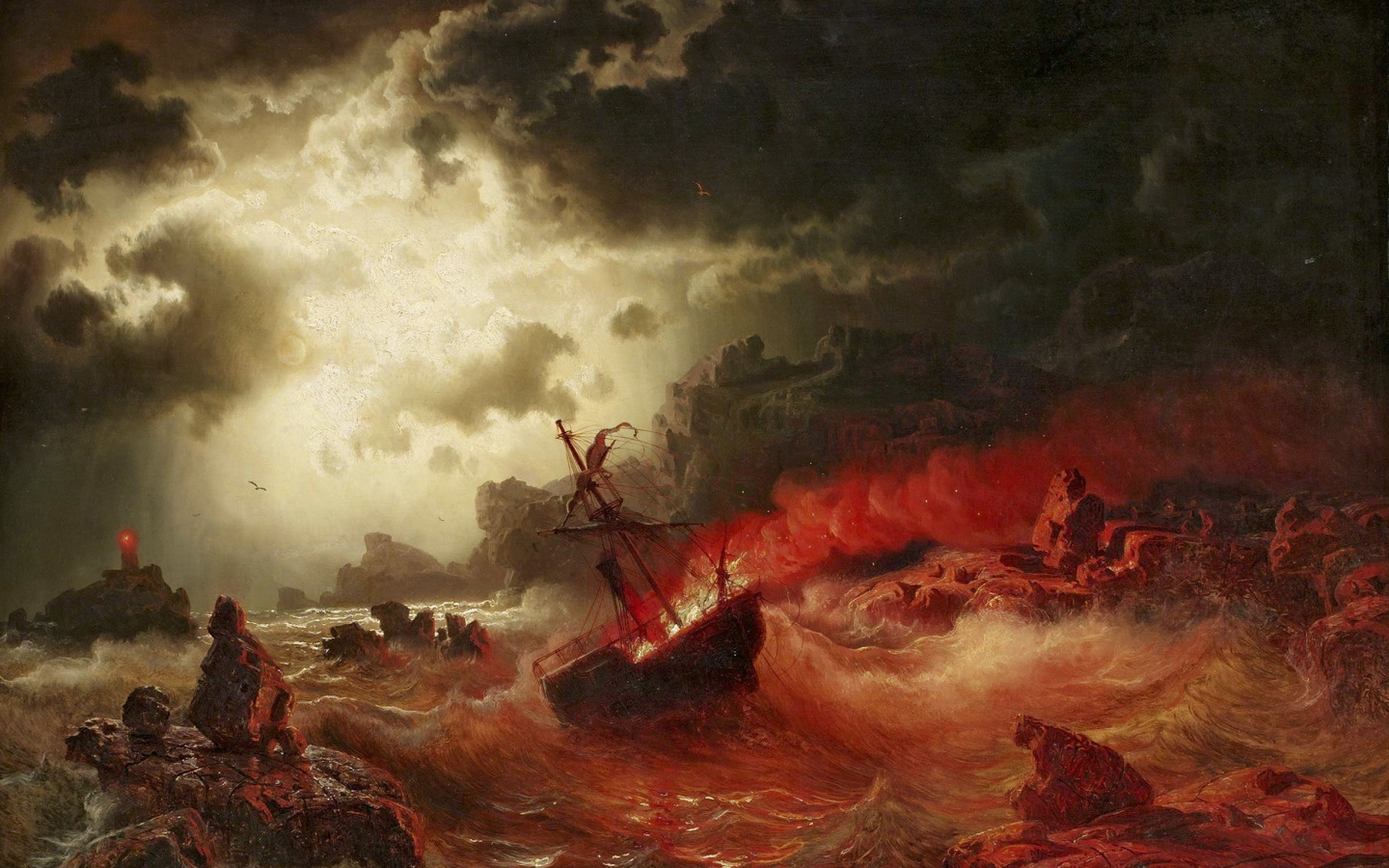 Download wallpaper sea, wave, night, clouds, rocks, ship, burns, marcus ...