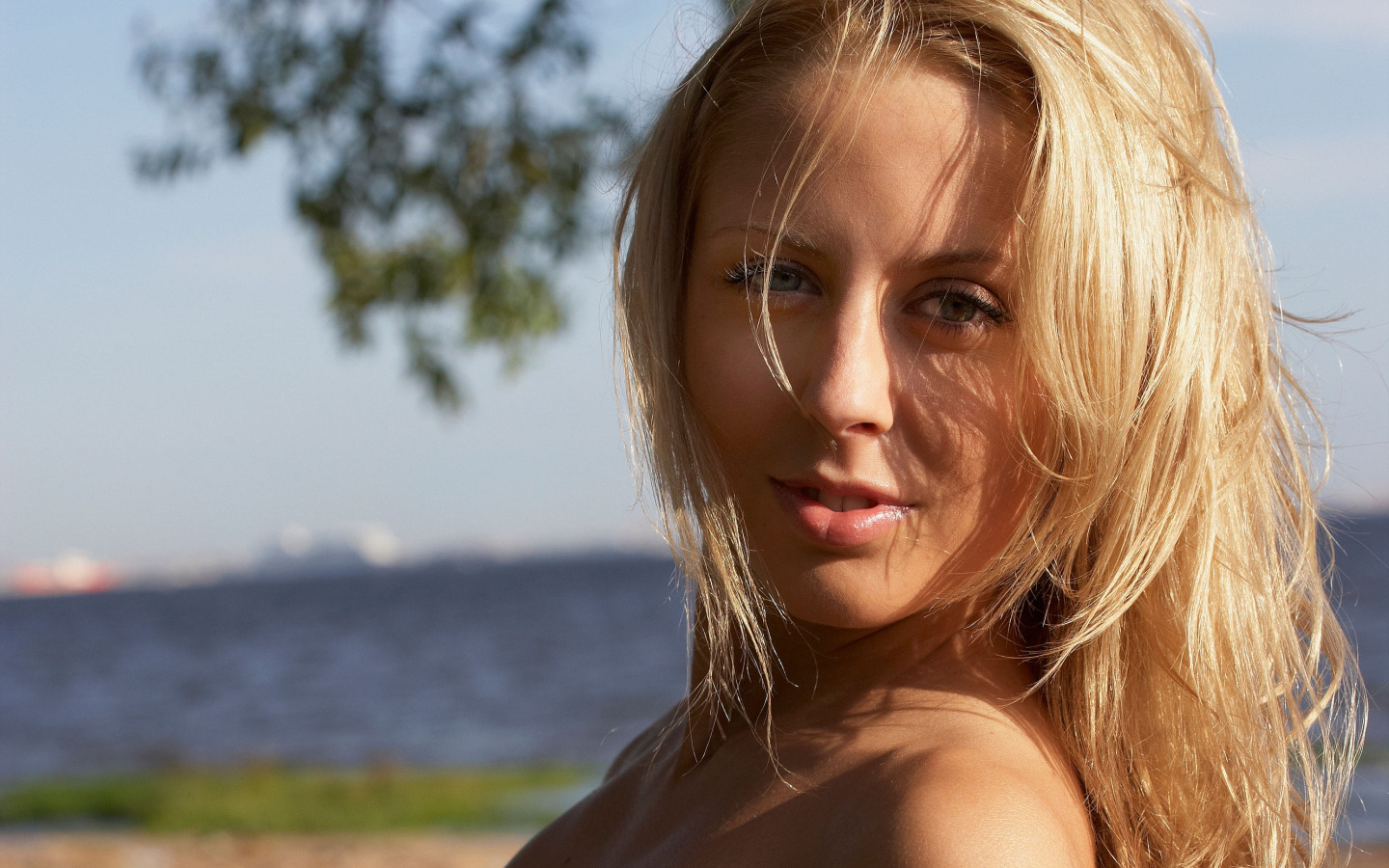 Download Wallpaper Girl Grass Beach Long Hair Trees Sea Nature