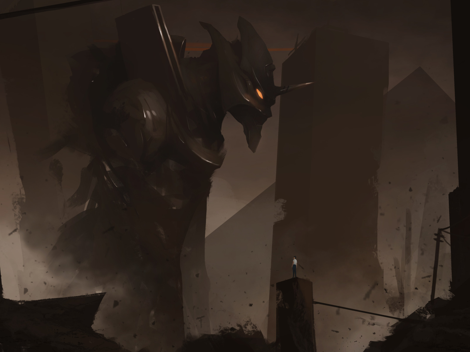 Download wallpaper the city, robot, destruction, ruins, anime, art ...