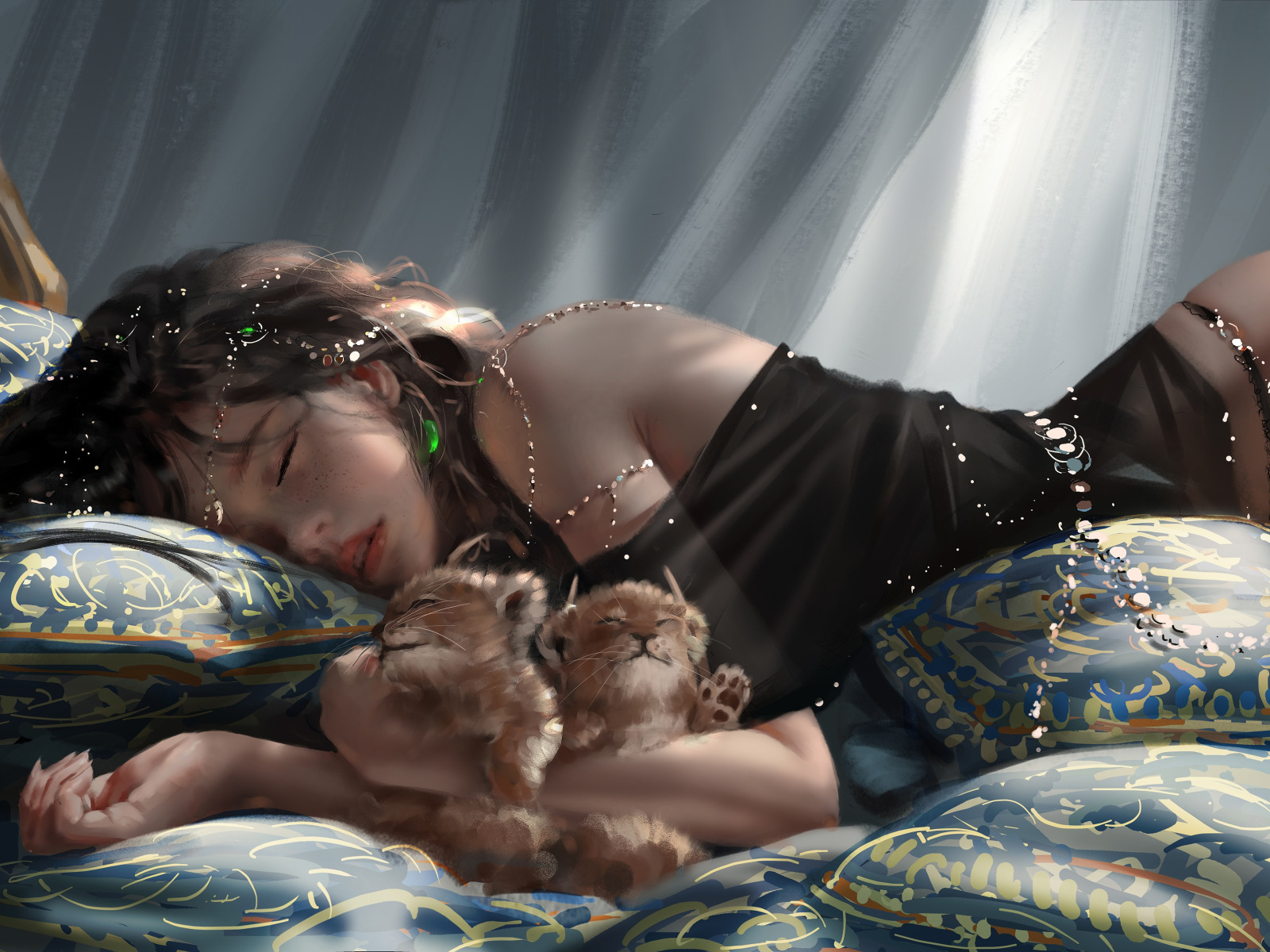 Download wallpaper dream, girl, art, kittens, sleeping, freckles, Wlop, WLOP, section art in ...