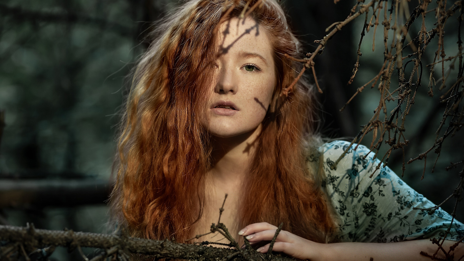 Download Wallpaper Look Girl Branches Face Hair Hand Portrait
