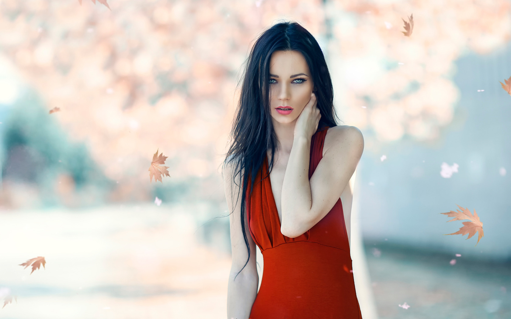 Download wallpaper autumn, falling leaves, the girl in the red ...