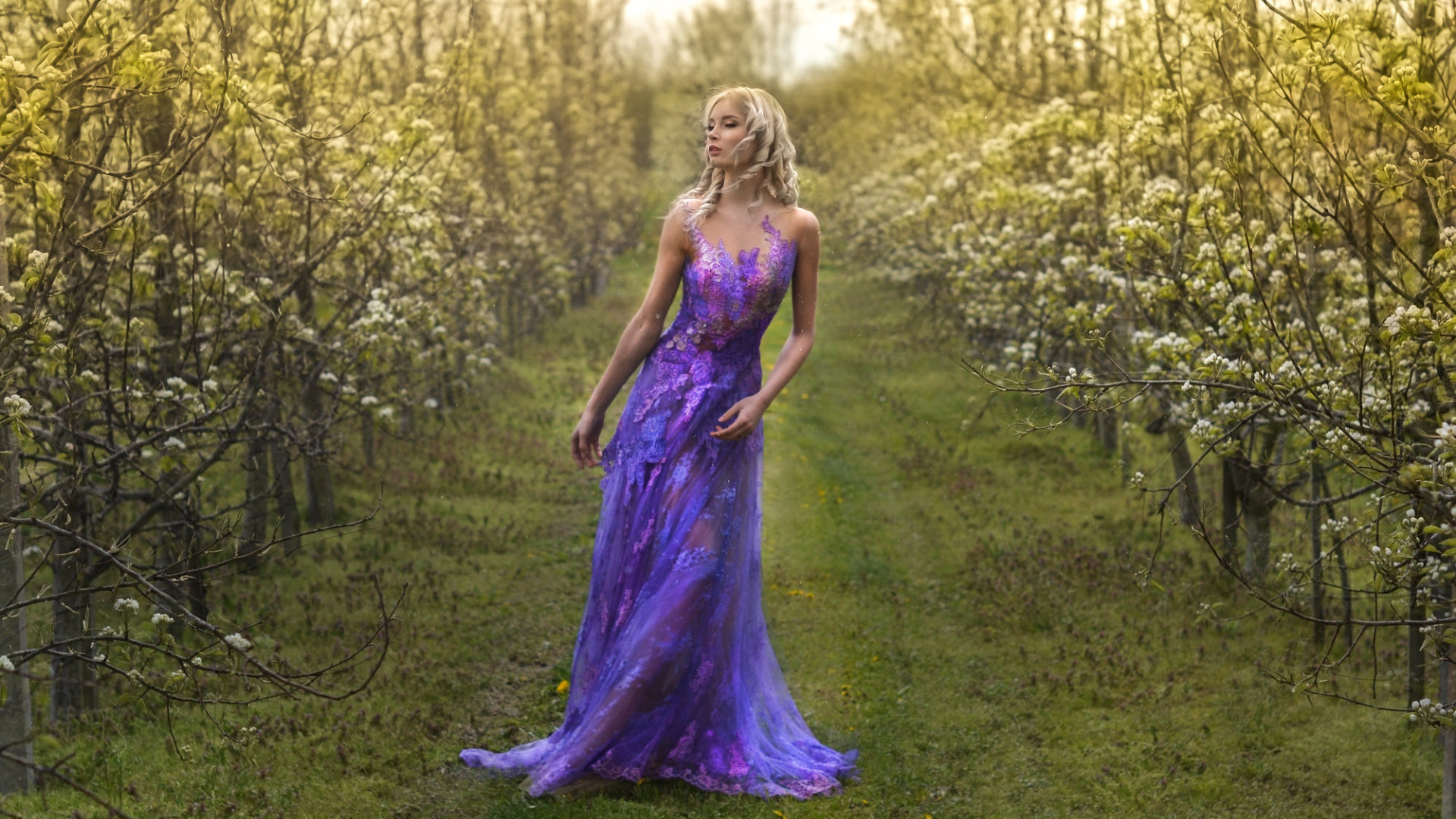 Download wallpaper girl, spring, garden, figure, dress, flowering ...