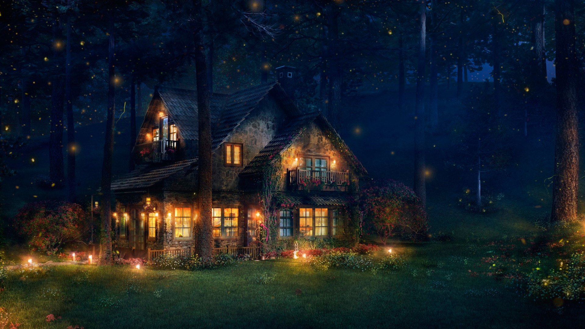 Download wallpaper forest, house, fireflies, art, The Firefly Cottage ...
