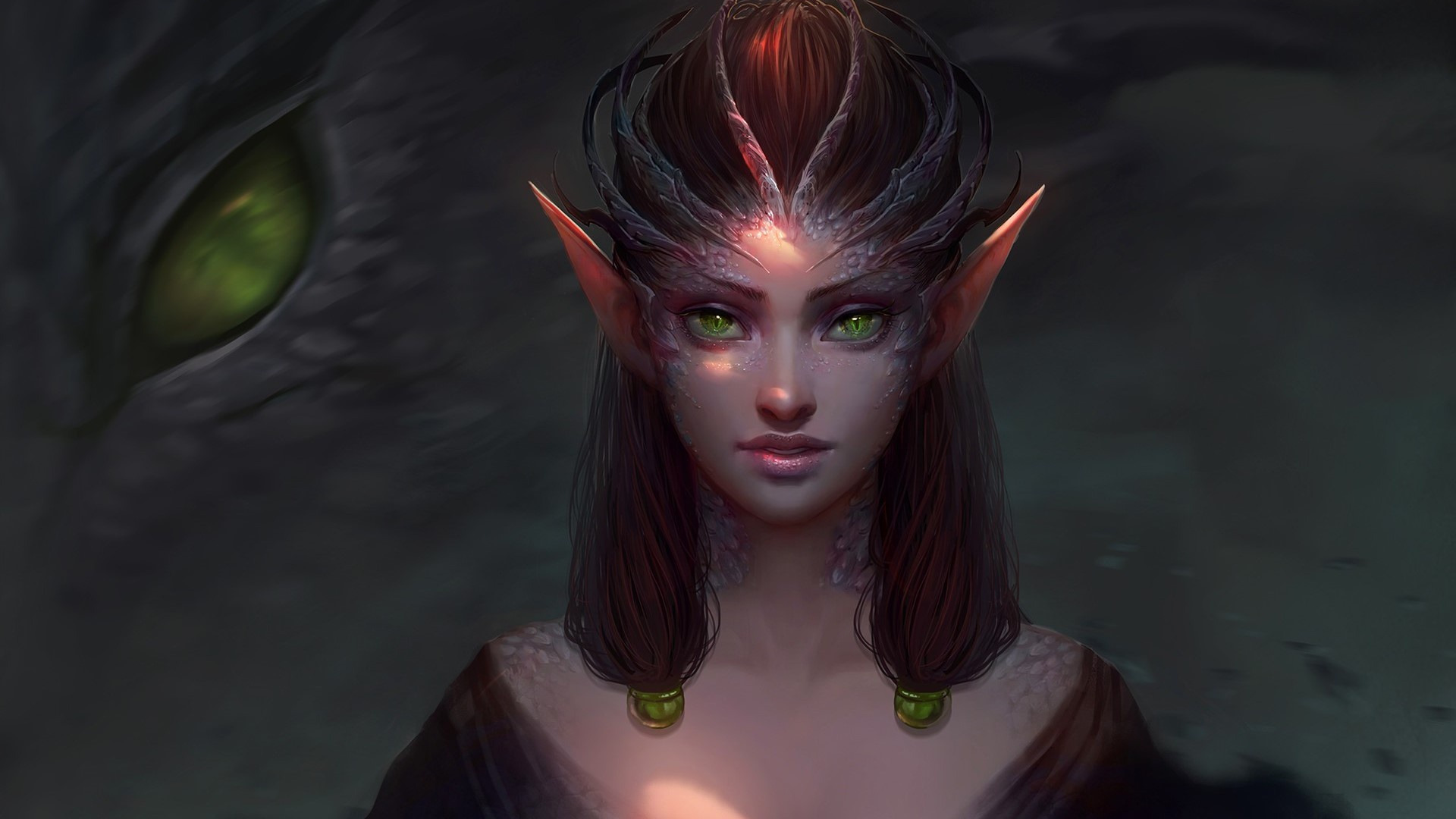 Download Wallpaper Dark Girl Fantasy Green Eyes Dragon Digital Art