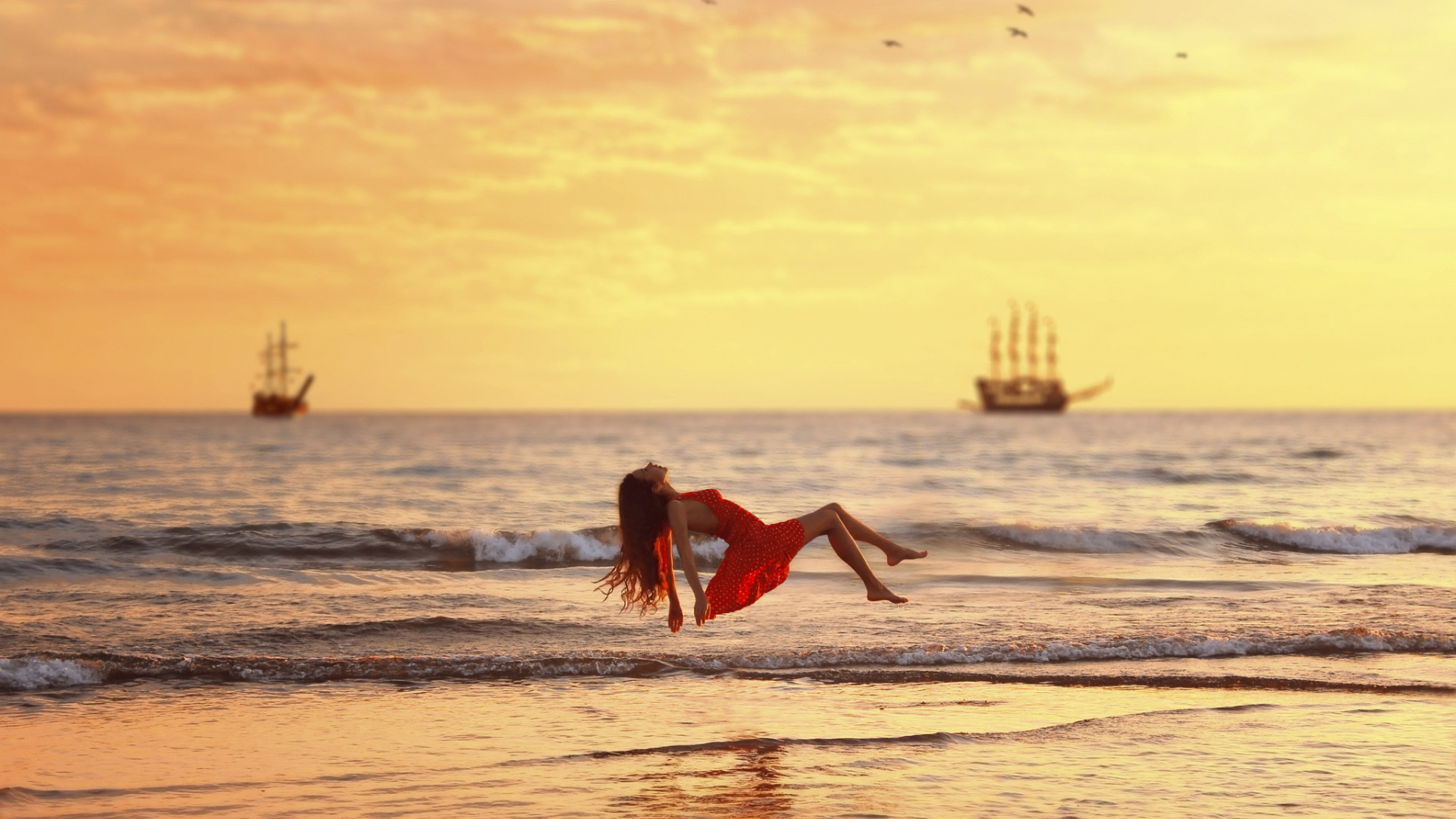 Download wallpaper red, girl, dress, sea, ocean, water, Over ...