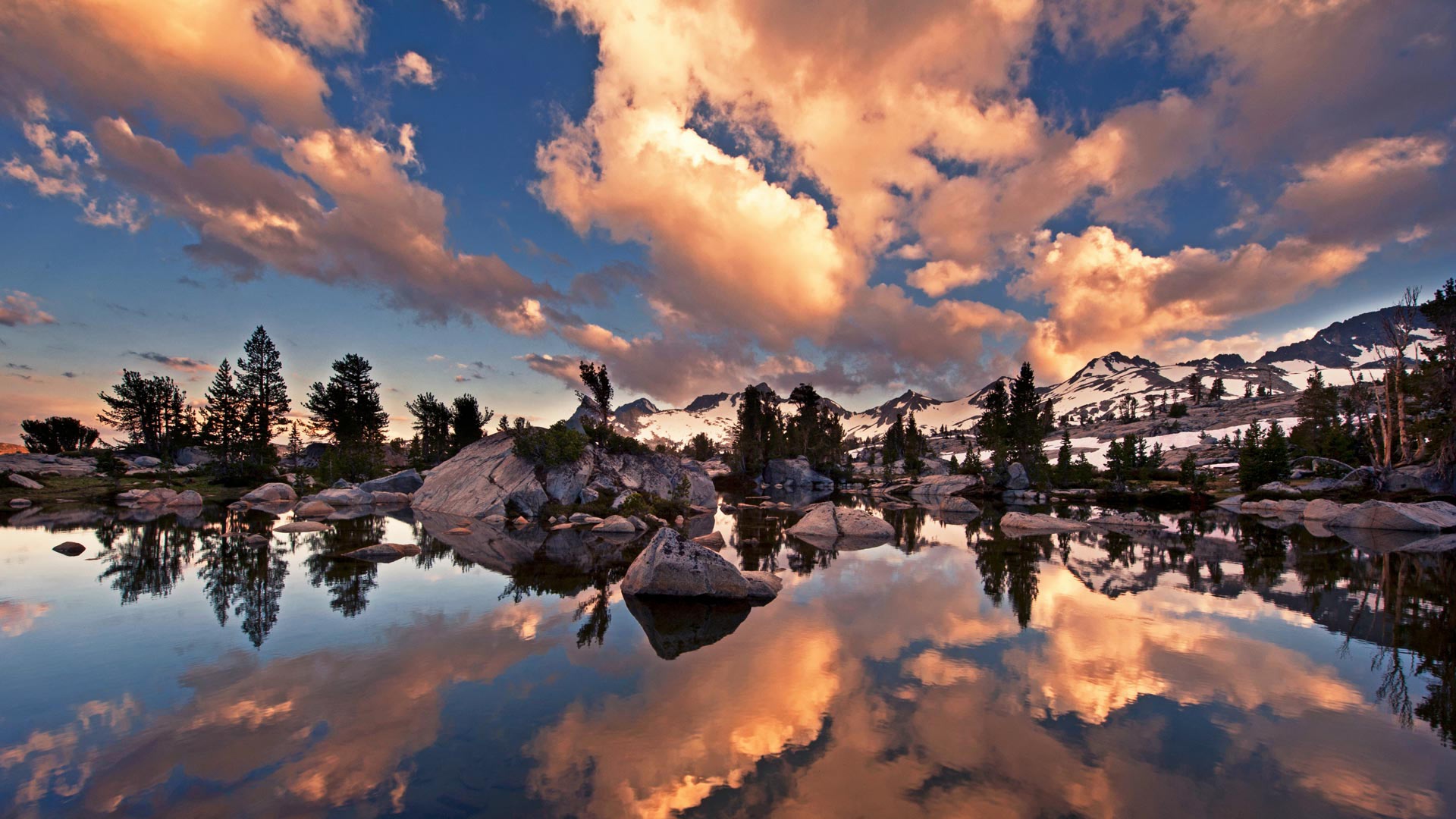 Download wallpaper clouds, trees, lake, rocks, CA, USA, John Muir Trail ...