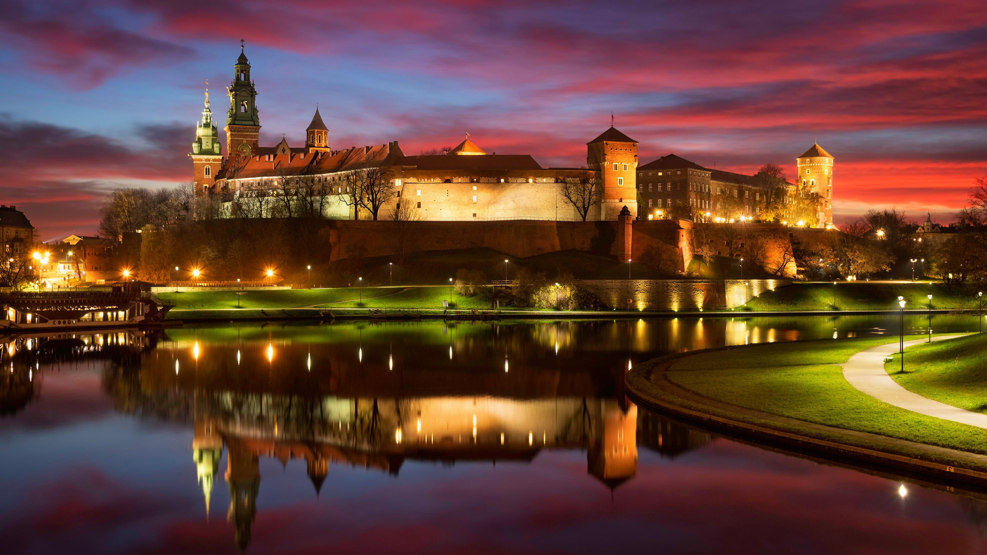 Download wallpaper clouds, lights, reflection, river, castle, shore ...