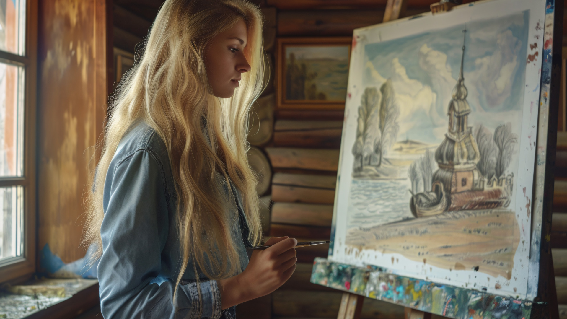 Download wallpaper Girl, Blonde, Hair, Picture, Digital art, Artist, Easel, AI art, section ai ...