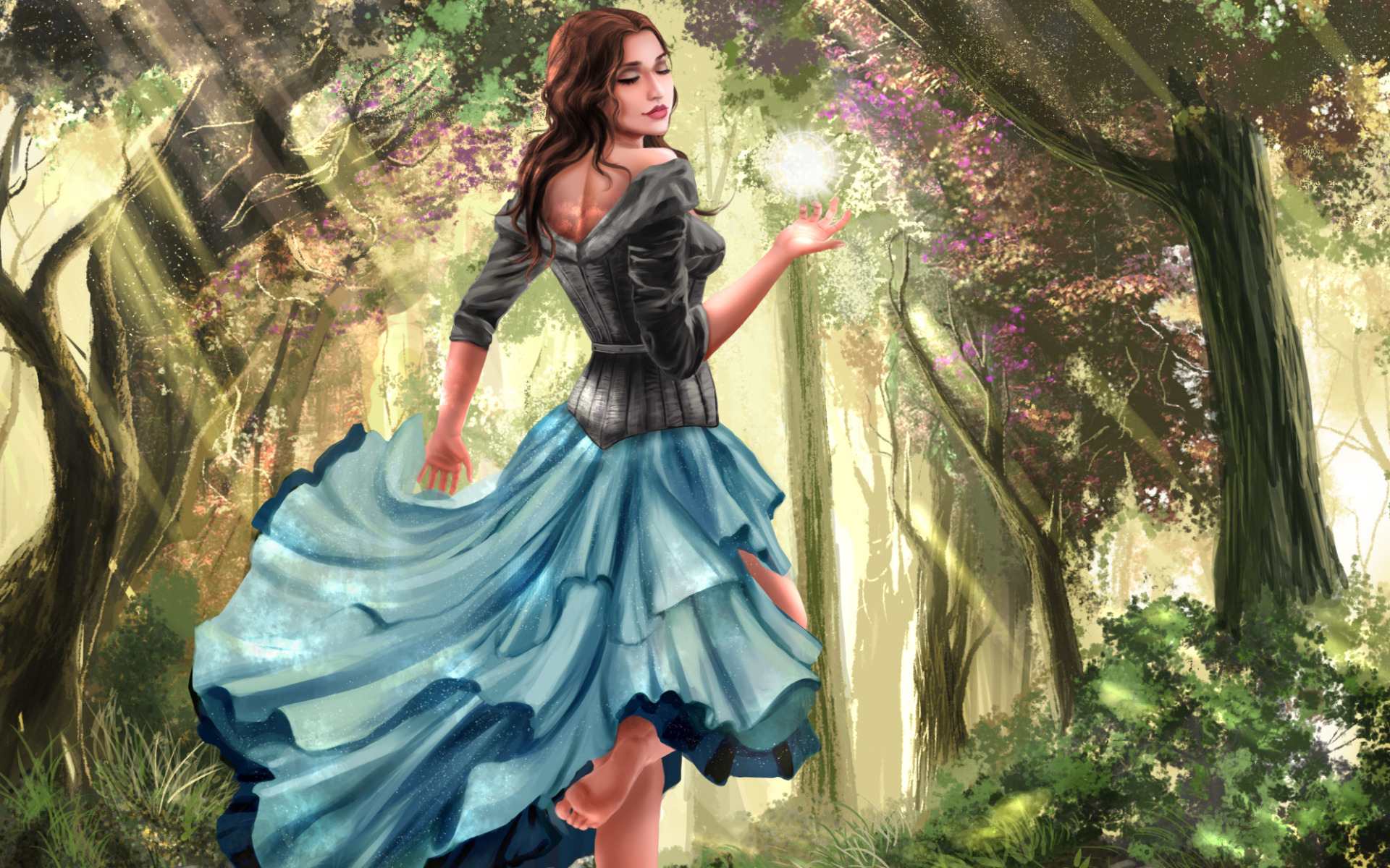 Download Wallpaper Forest Leaves Girl Light Trees Flowers Face