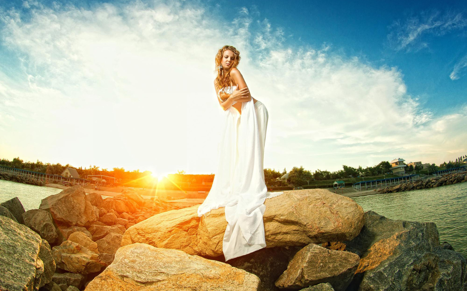 Download Wallpaper Sea Pose Stones Model Section Girls In