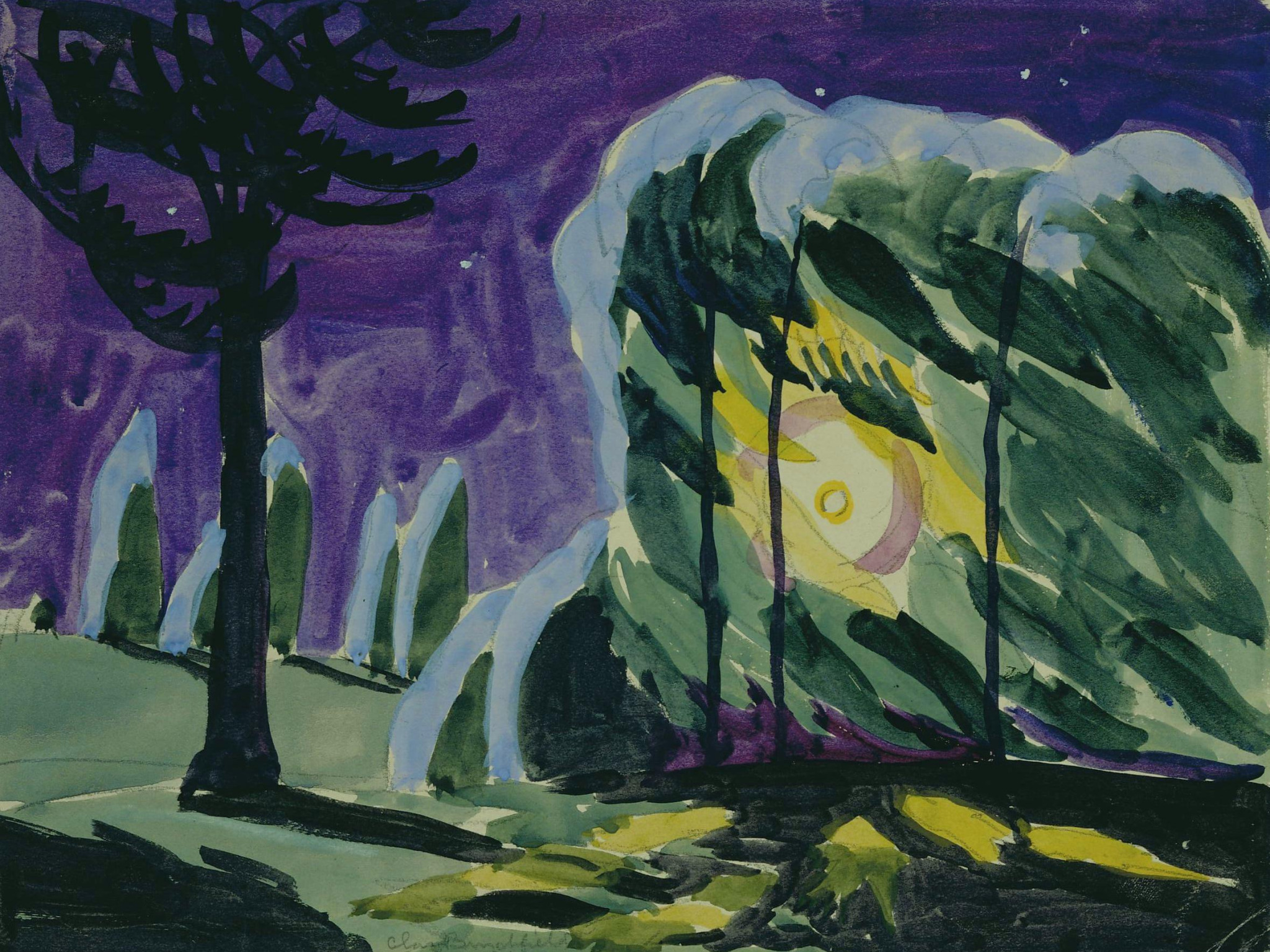 Download wallpaper 1915, Charles Ephraim Burchfield, Park Light on a Windy Night, section ...