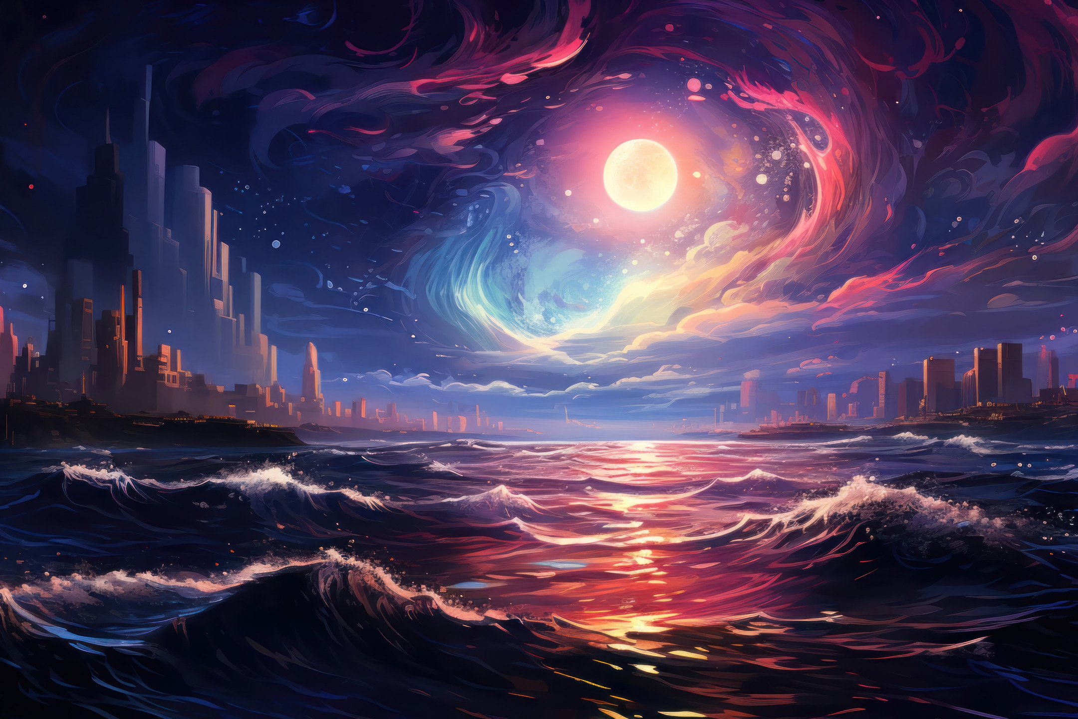 Download wallpaper city, moon, ocean, digital art, section ai art in ... Download wallpaper city, moon, ocean, digital art, section ai art in ...