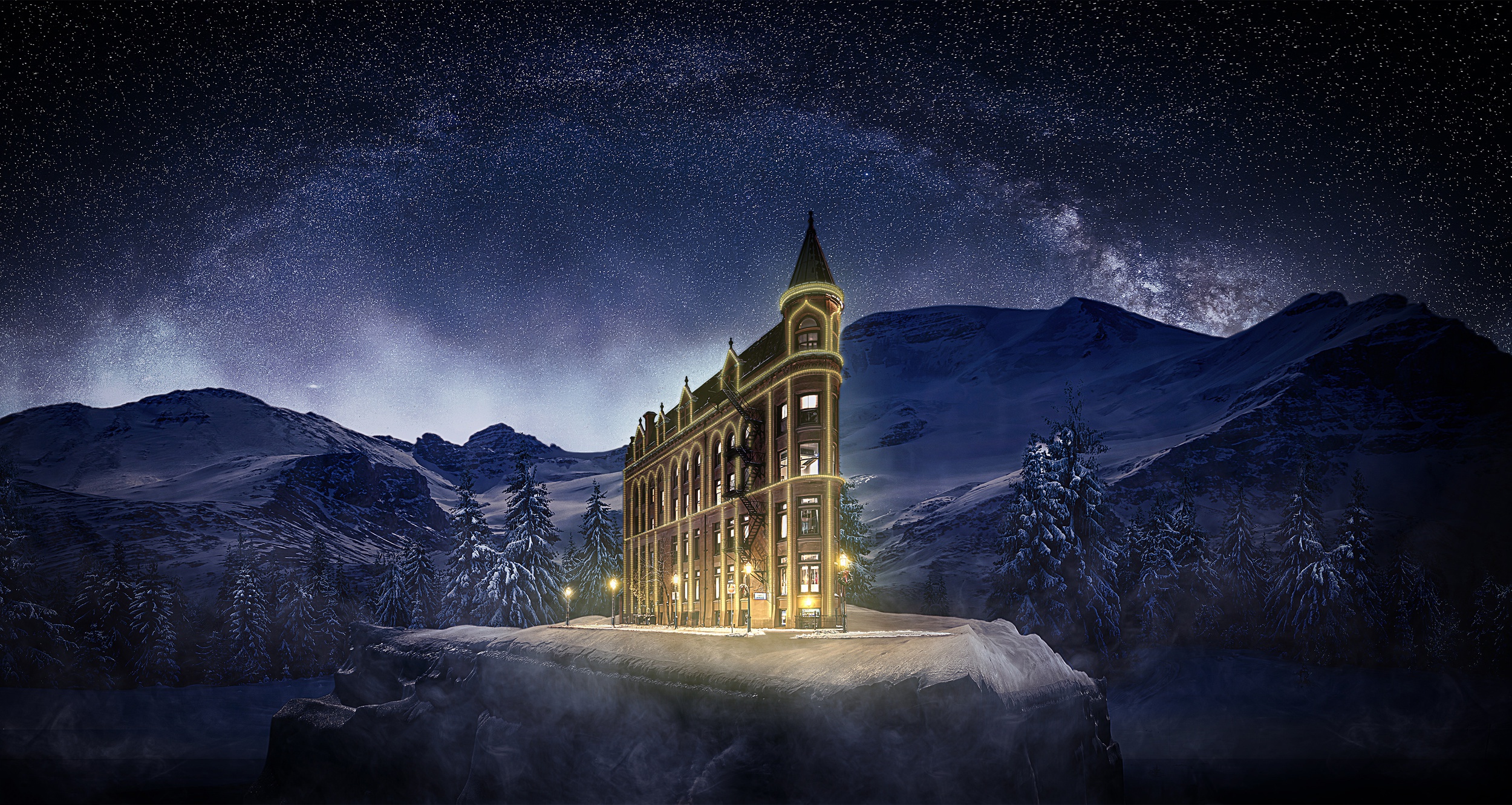 Download wallpaper the sky, stars, mountains, building, sky, mountains ...