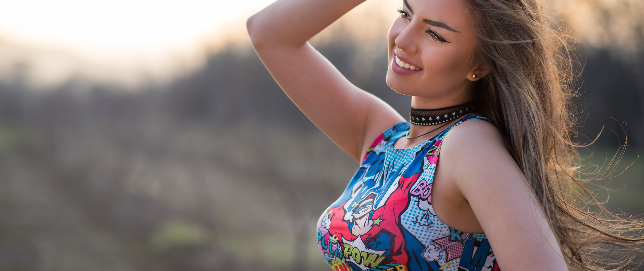 Download wallpaper girl, smile, hair, bokeh, section girls in resolution 2560x1080