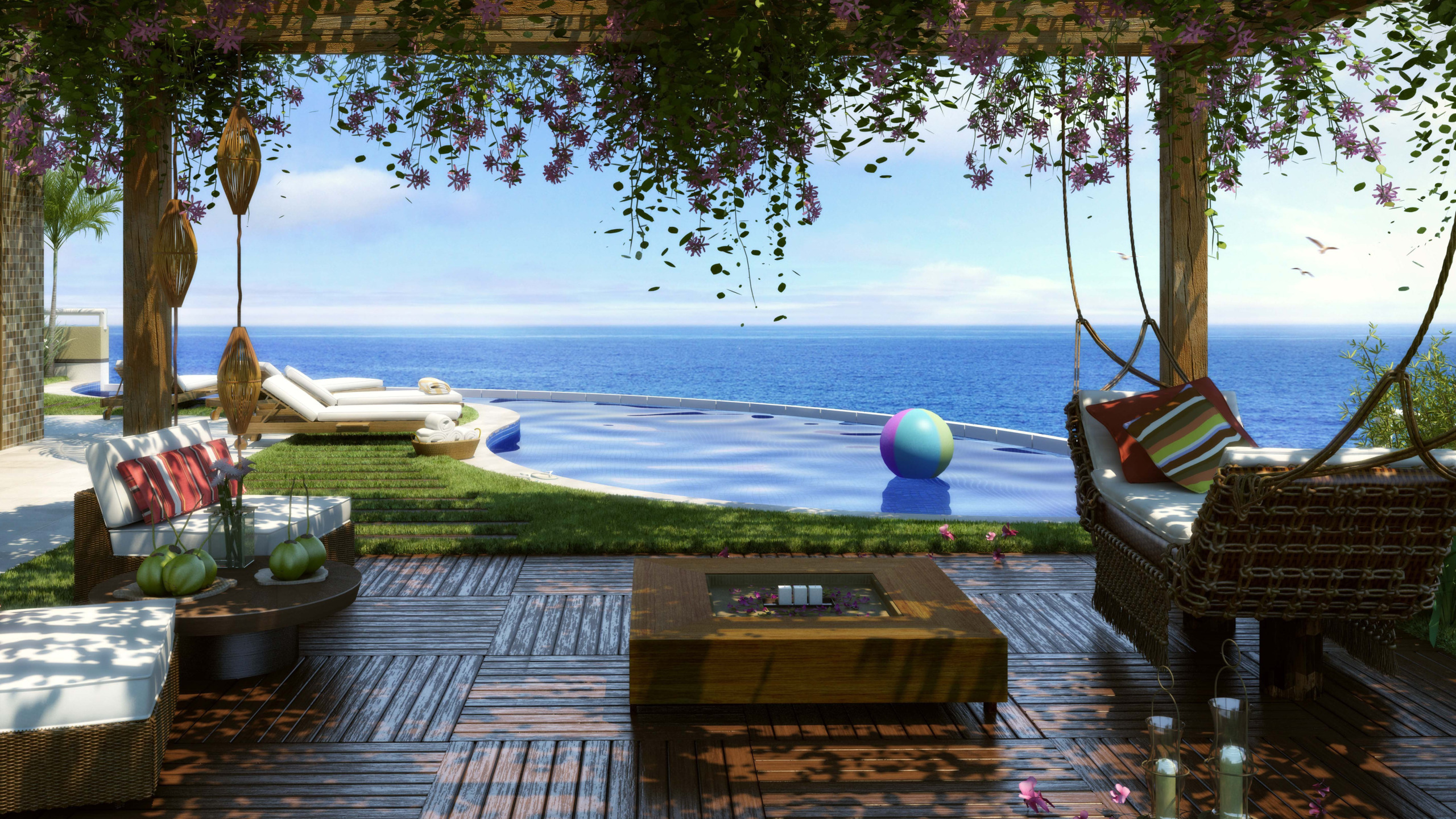 Download wallpaper pool, ocean, Villa, terrace, section interior in resolution 2560x1440