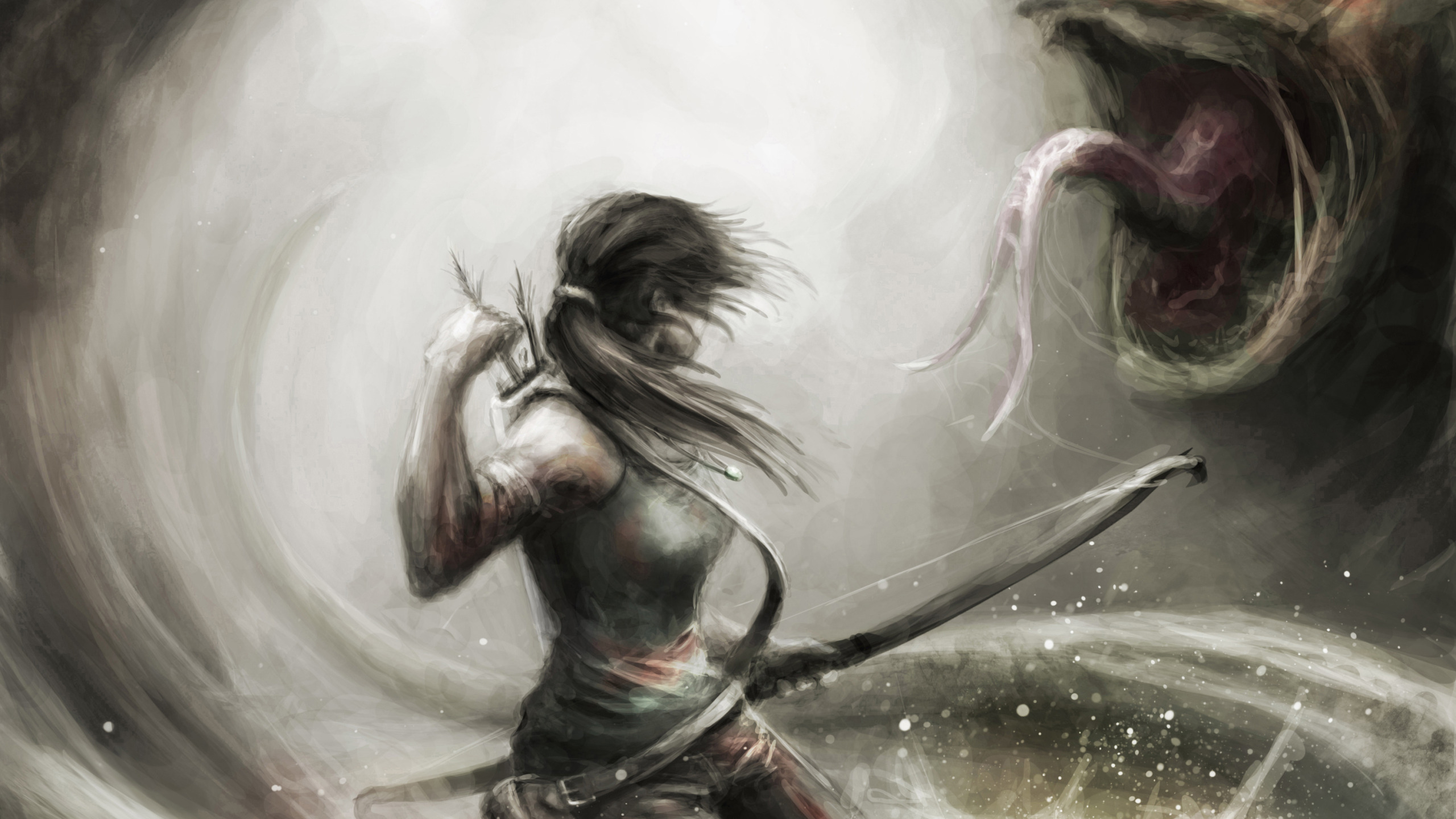 Download wallpaper girl, weapons, monster, bow, art, Tomb Raider ...