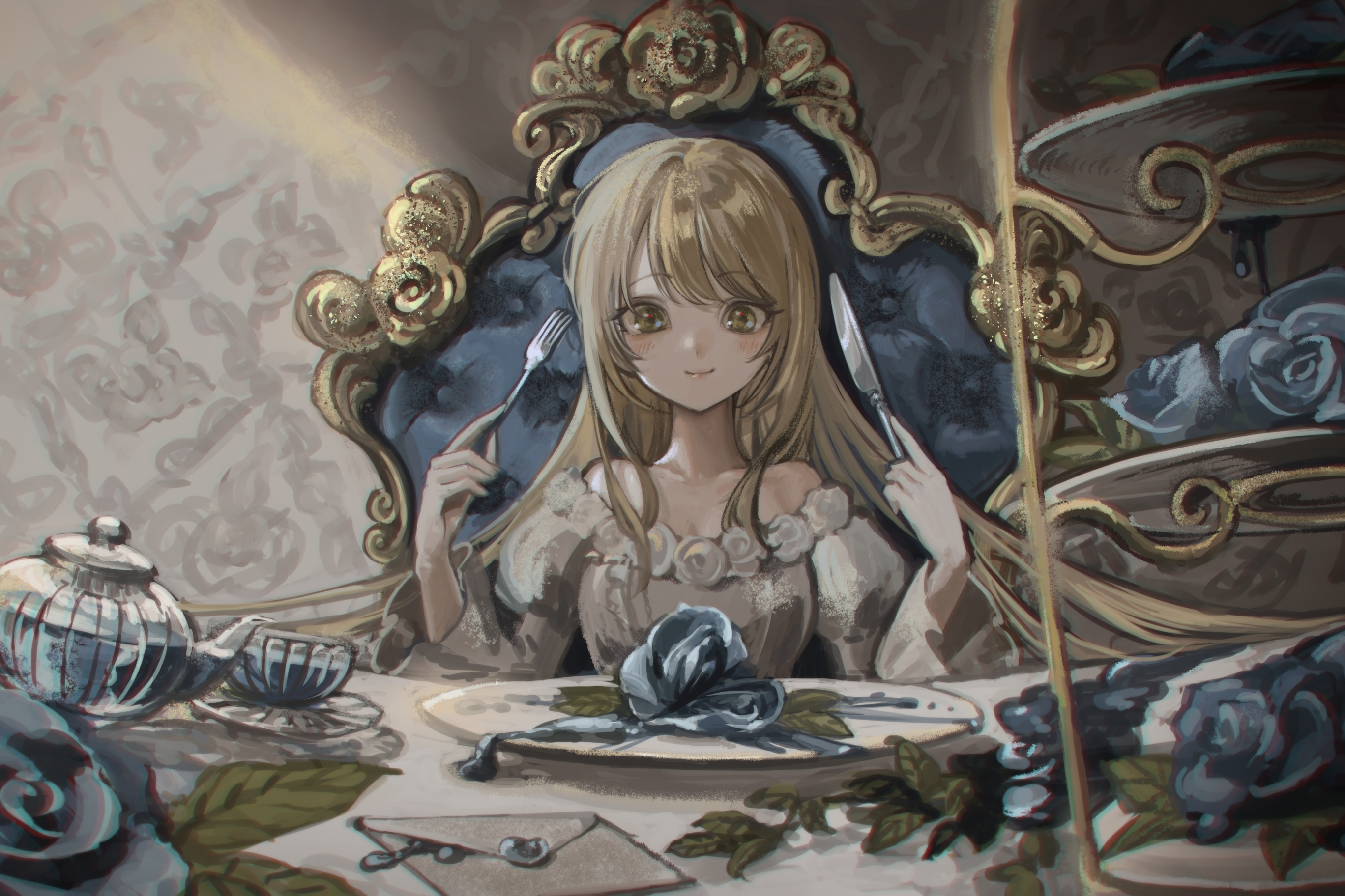 Download wallpaper tea, roses, cell, girl, at the table, section art in ...