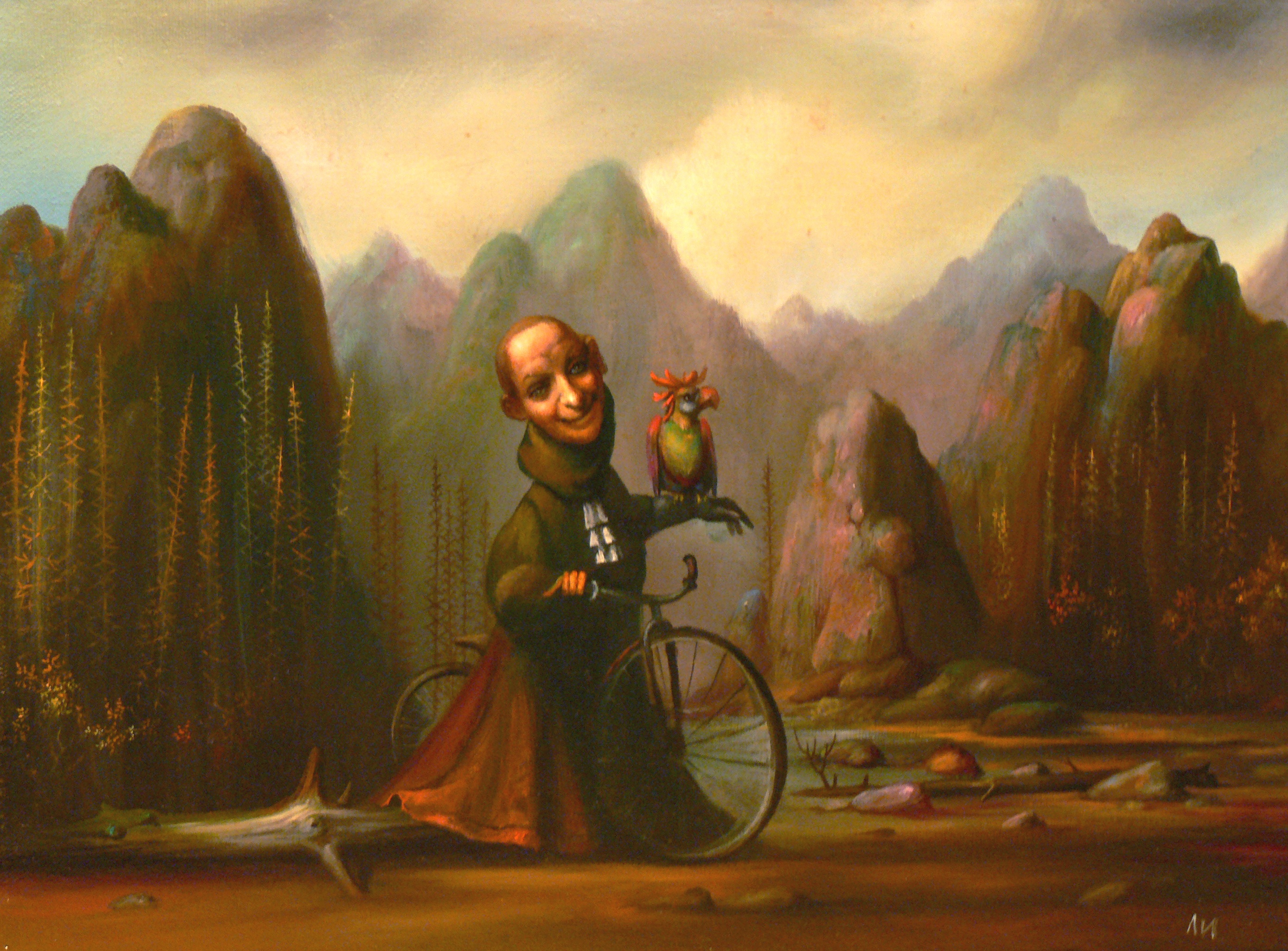 Download wallpaper mountains, bike, parrot, Surrealism, Lazarev I. A, section painting in ...