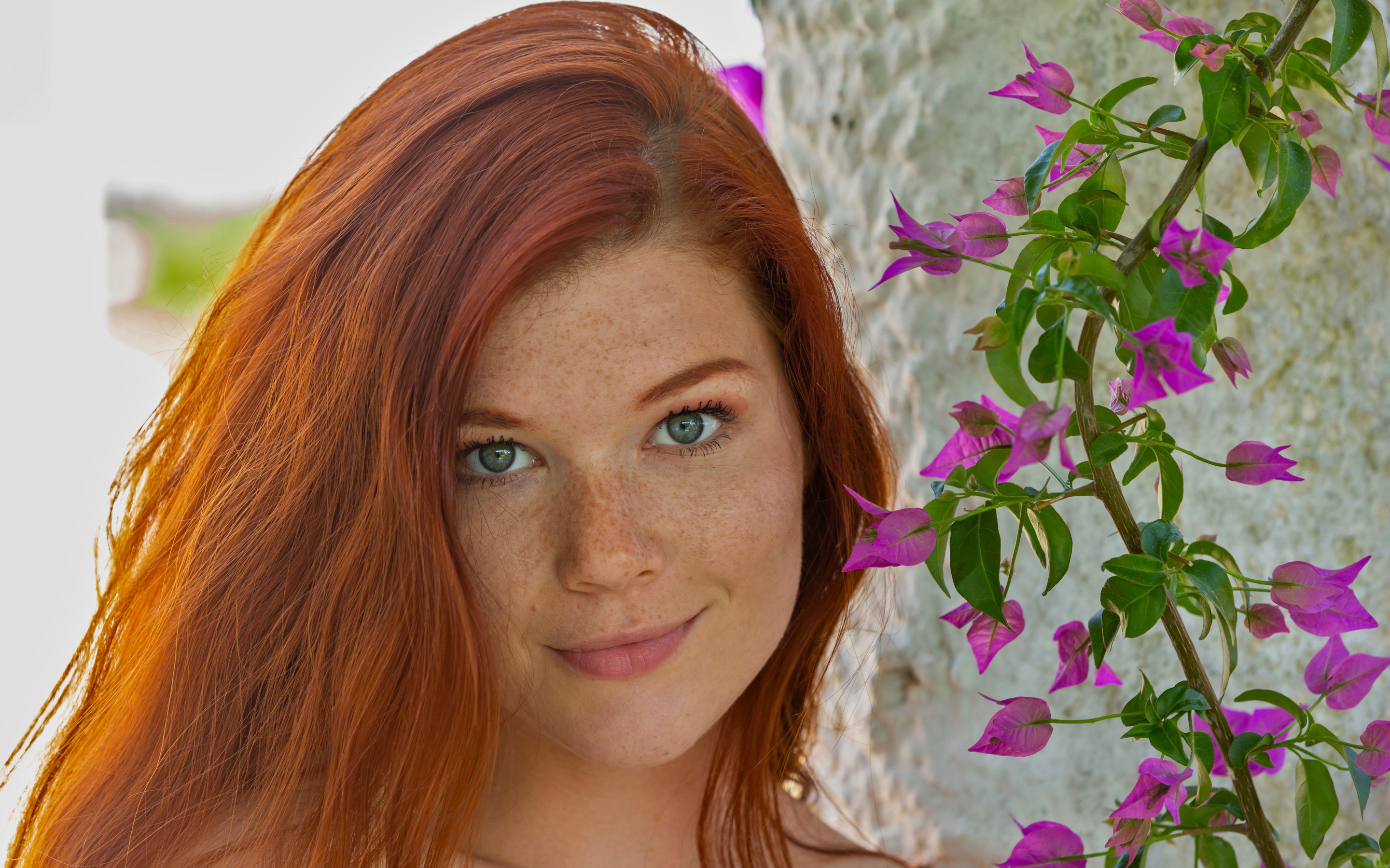 Download Wallpaper Woman Young Eyes Smile Flowers Model Redhead
