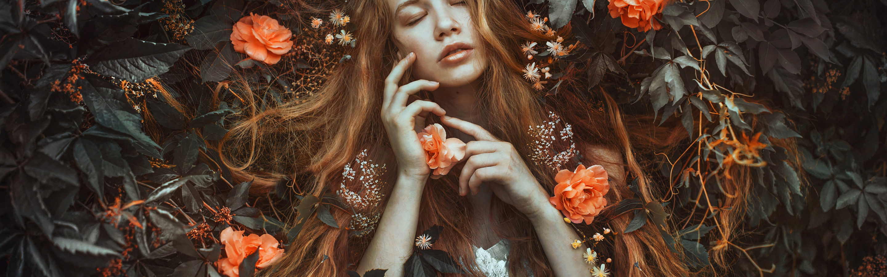 Download Wallpaper Leaves Girl Flowers Face Pose Style Thickets