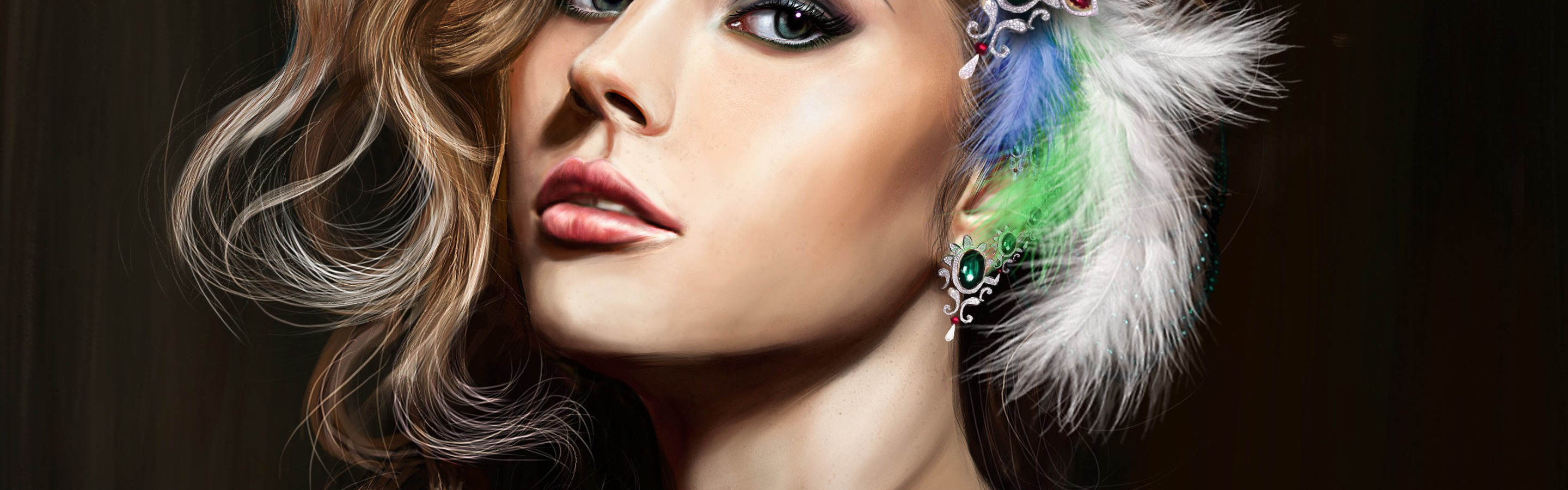 Download Wallpaper Look Girl Decoration Face Hair Feathers Makeup