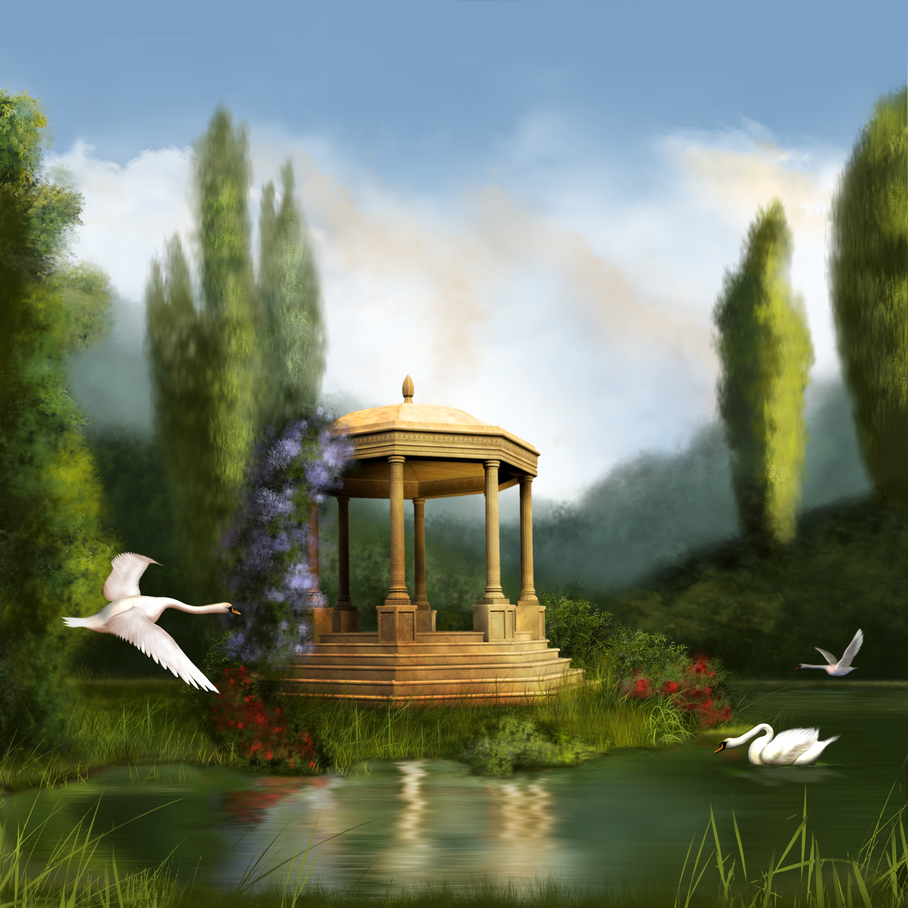Download wallpaper water, nature, swans, section painting in resolution ...