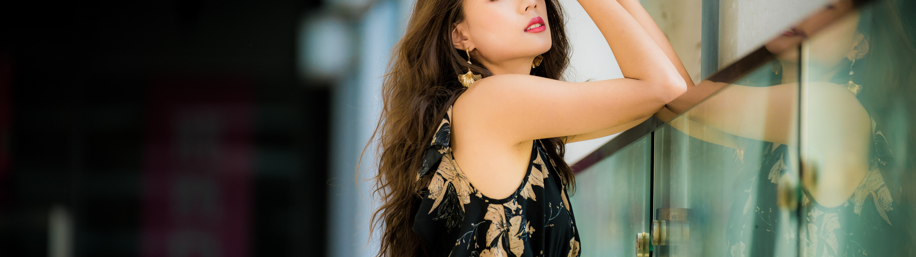 Download wallpaper girl, pose, dress, Asian, bokeh, section girls in resolution 3200x900