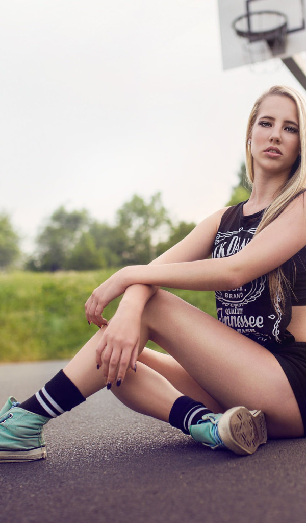 Download Wallpaper Grass Look Trees Pose Model Sneakers Skirt