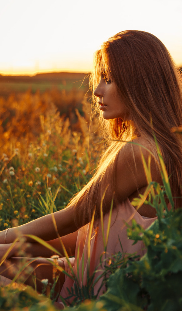 Download Wallpaper Field Grass Girl Sunset Model Portrait Light