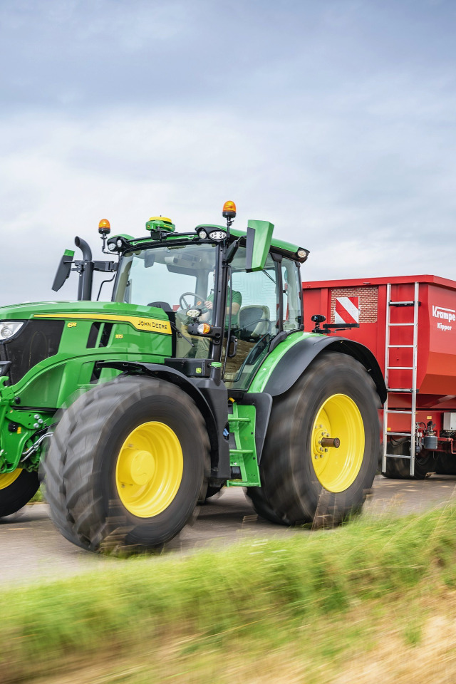 Download wallpaper road, tractor, trailer, agriculture, john deere, 6R ...