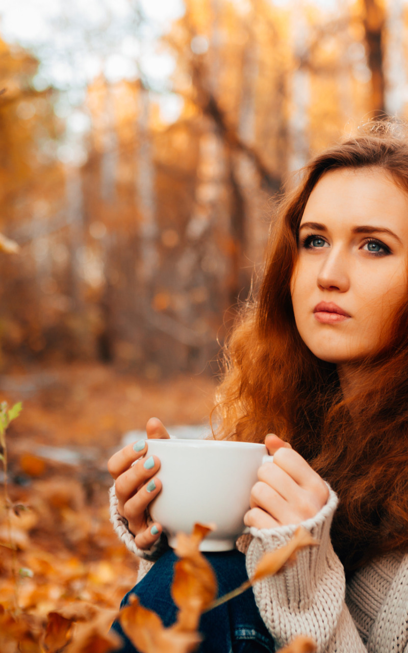 Download Wallpaper Autumn Leaves Girl Branches Nature Jeans Mug