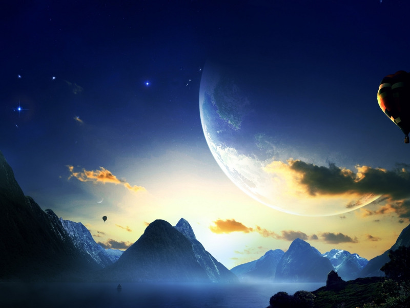 Download wallpaper sunset, mountains, planet, balloons, section space ...