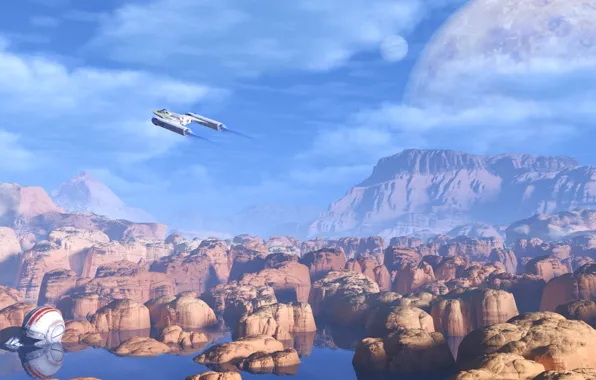 Wallpaper the sky, water, clouds, flight, planet, helmet, Red Rocks for ...