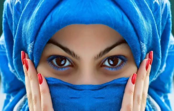 Wallpaper women, beautiful, veil, blue, face, beauty, eyes, make-up for ...