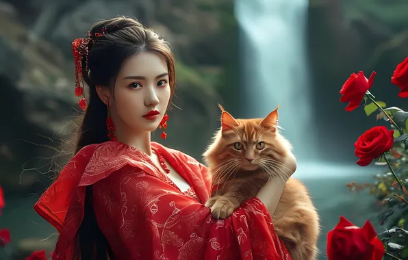 Wallpaper cat, waterfall, roses, Chinese, Asian for mobile and desktop ...