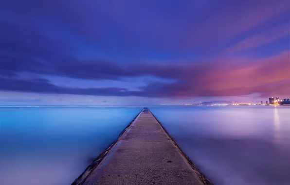 Wallpaper the sky, clouds, night, the city, lights, the ocean, shore ...