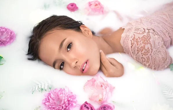 Wallpaper Look Girl Flowers Face Pose Portrait Dress Brunette