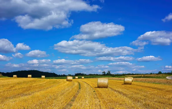 Wallpaper field, the sky, clouds, bales, straw for mobile and desktop ...