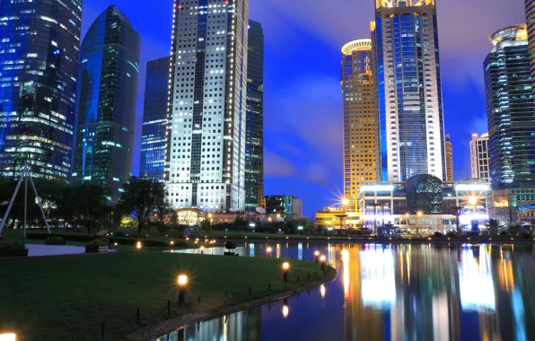 Download wallpaper grass, light, trees, city, the city, lights ...