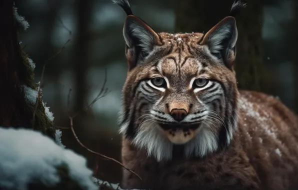 Wallpaper forest, face, snow, portrait, lynx, digital art, AI art, The Art of Artificial ...